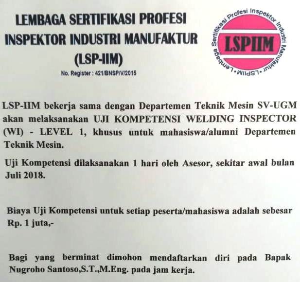 Uji Kompetensi Welding Inspector – Departemen Teknik Mesin Sekolah Vokasi